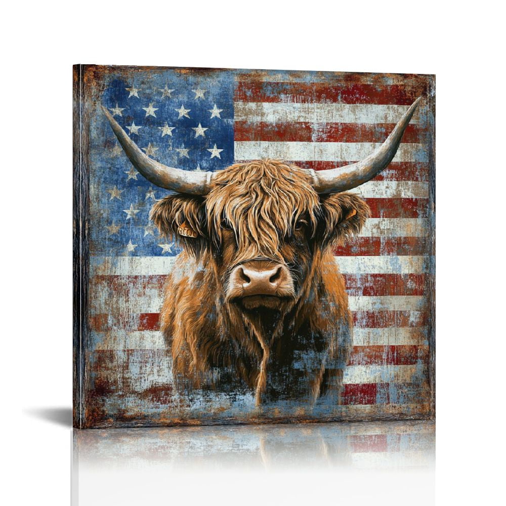 Vintage Highland Cow with American Usa Flag Canvas Wall Art Print ...