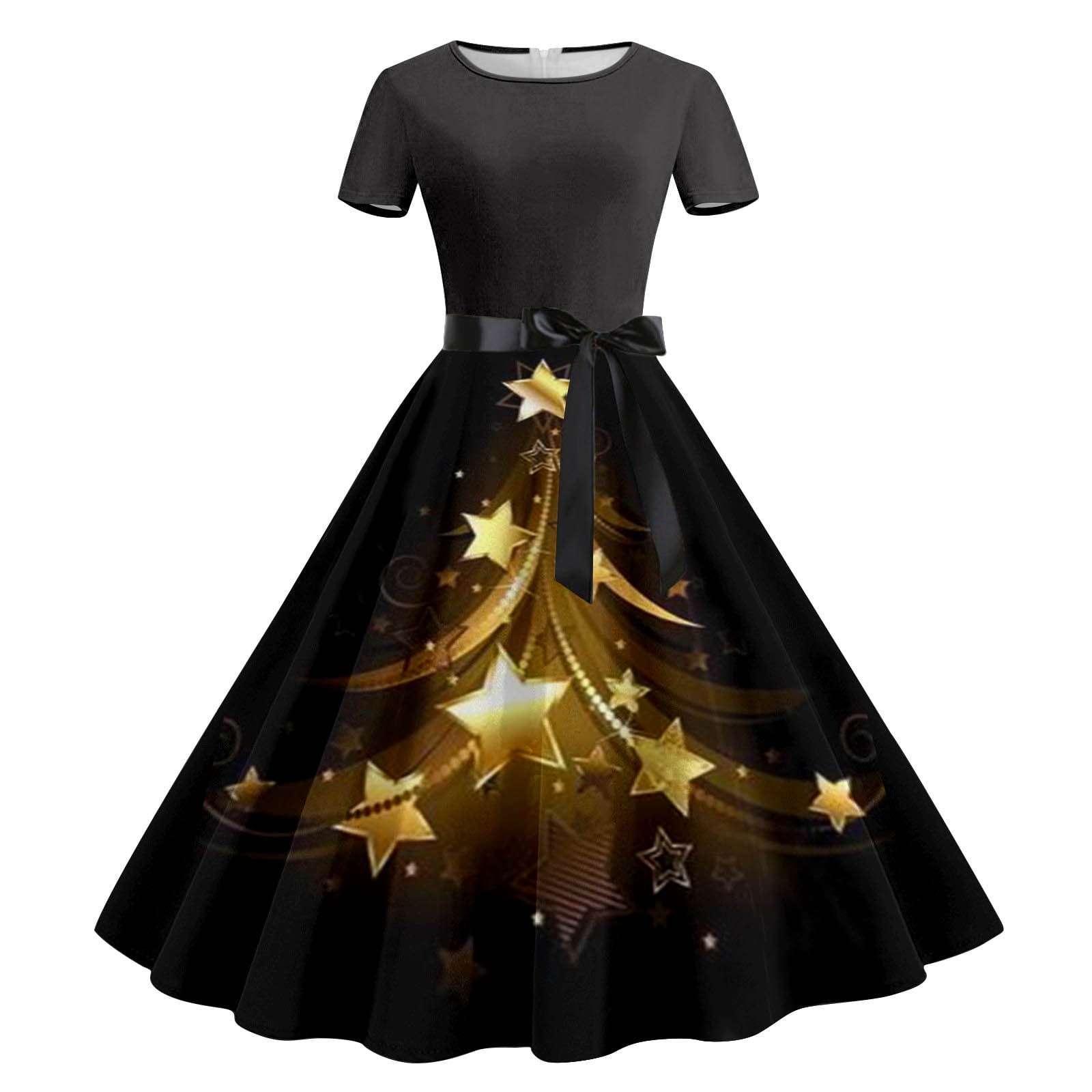 Vintage Holiday Dress for Women Short Sleeve Round Neck Belt High ...