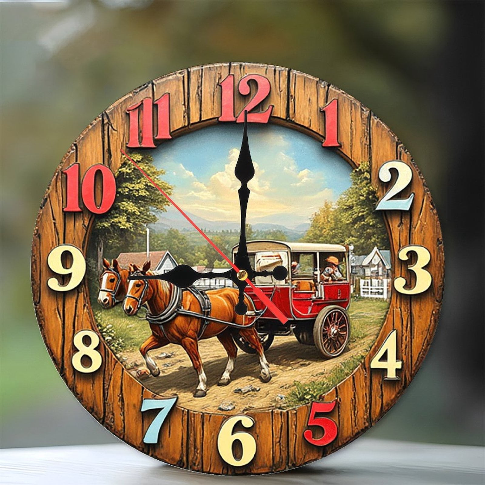 Vintage Horse Drawn Carriage Wall Clock Rustic Wooden 10-Inch Silent ...