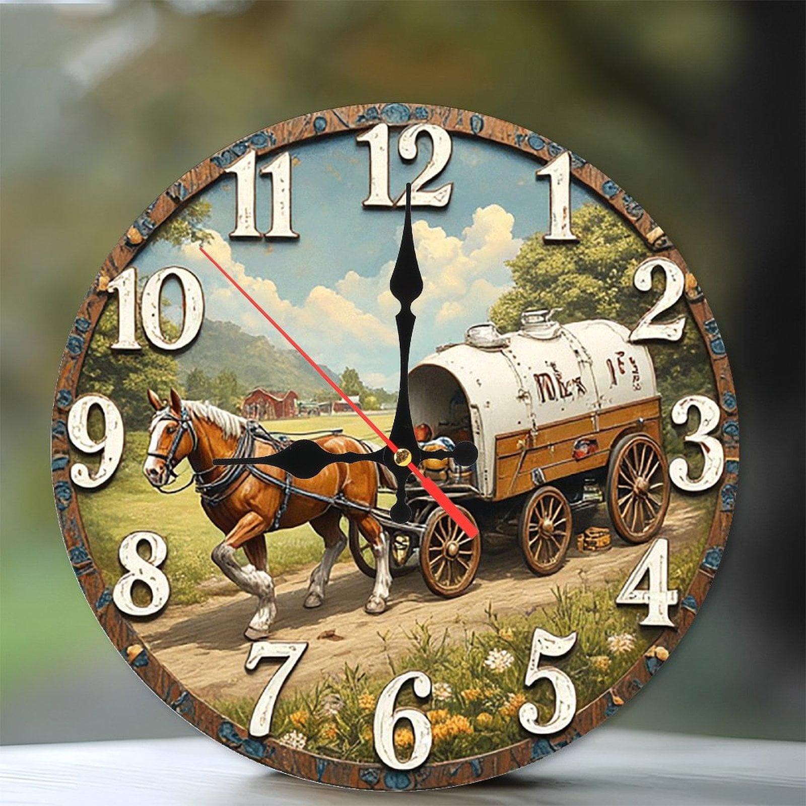 Vintage Horse Drawn Wagon Clock Wall Decor 10-Inch Silent Wooden Wall ...