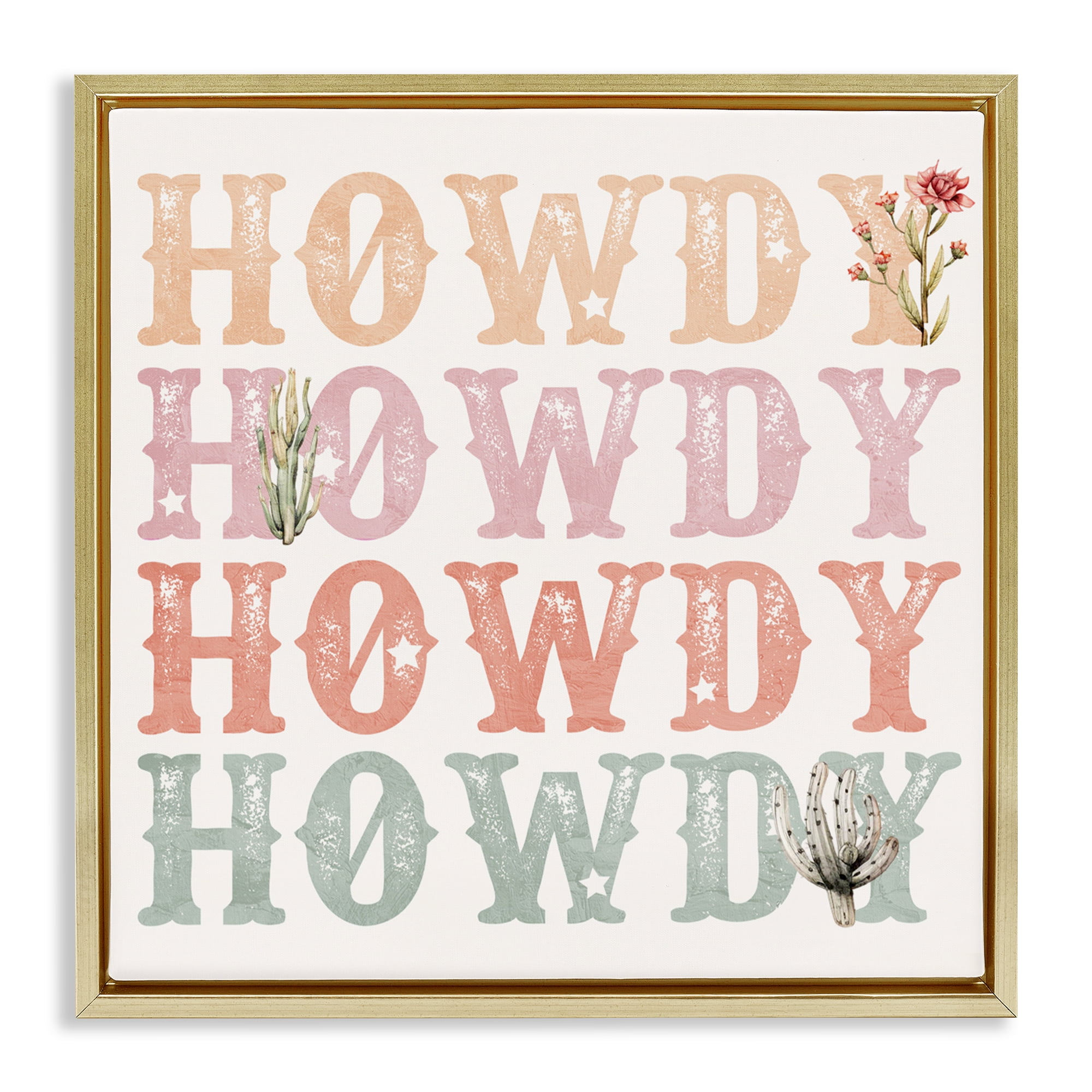 Vintage Howdy Rainbow Text Gold Framed Floater Canvas Wall Art, design ...