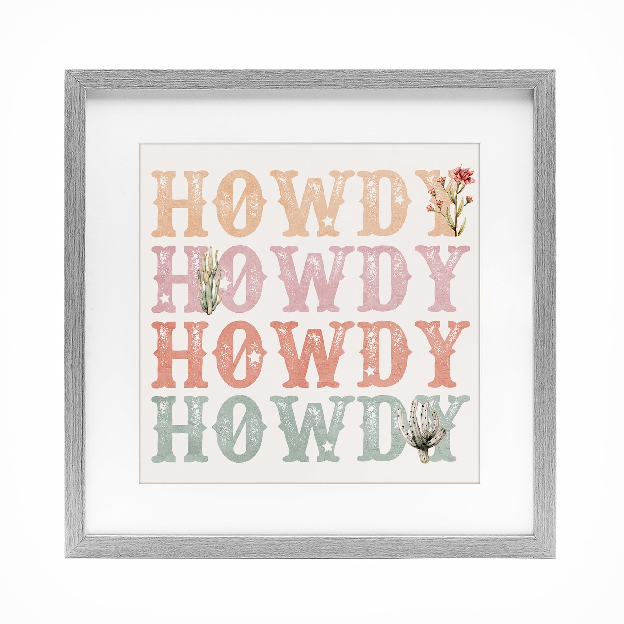 Vintage Howdy Rainbow Text Gray Framed Print Under Glass, design by Kim ...