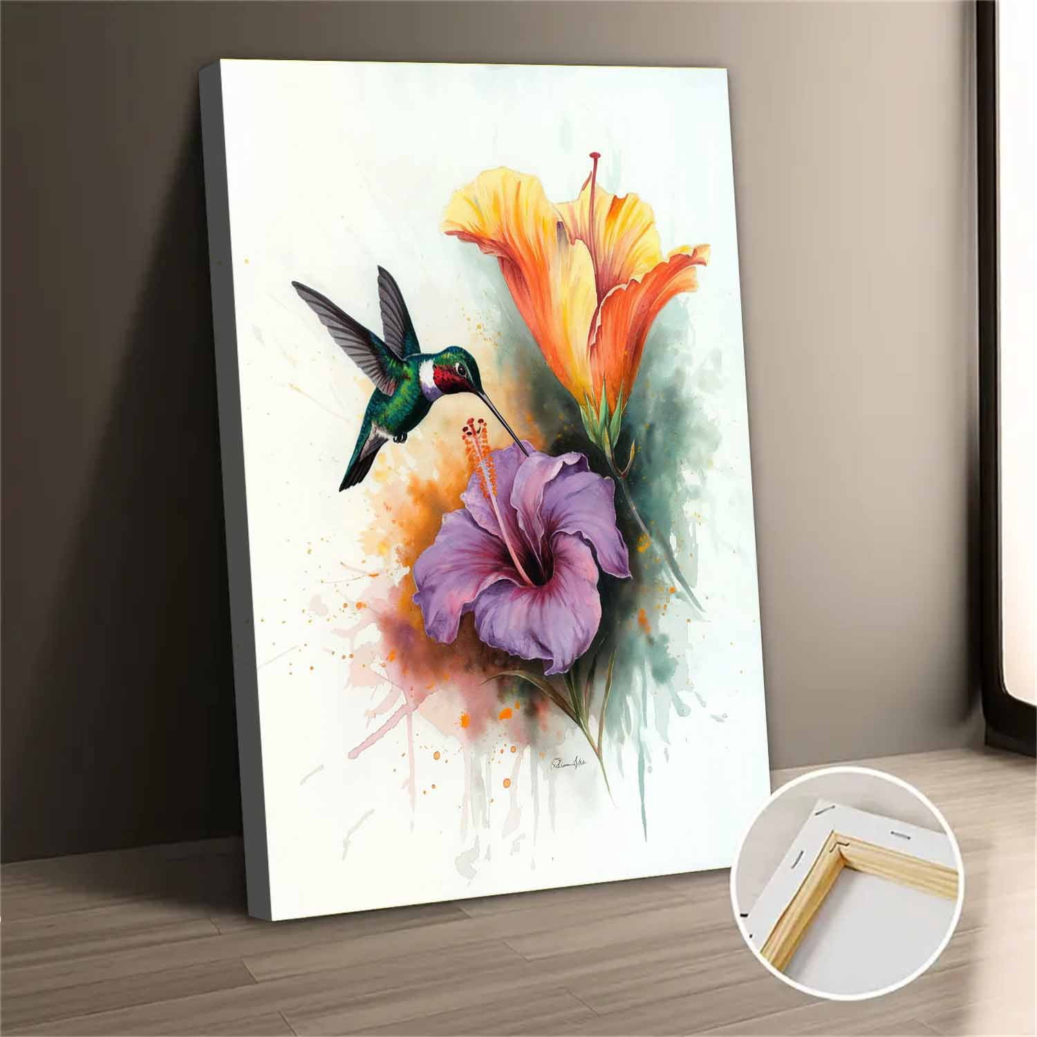 Vintage Hummingbird & Hibiscus Canvas Wall Art Abstract Modern ...