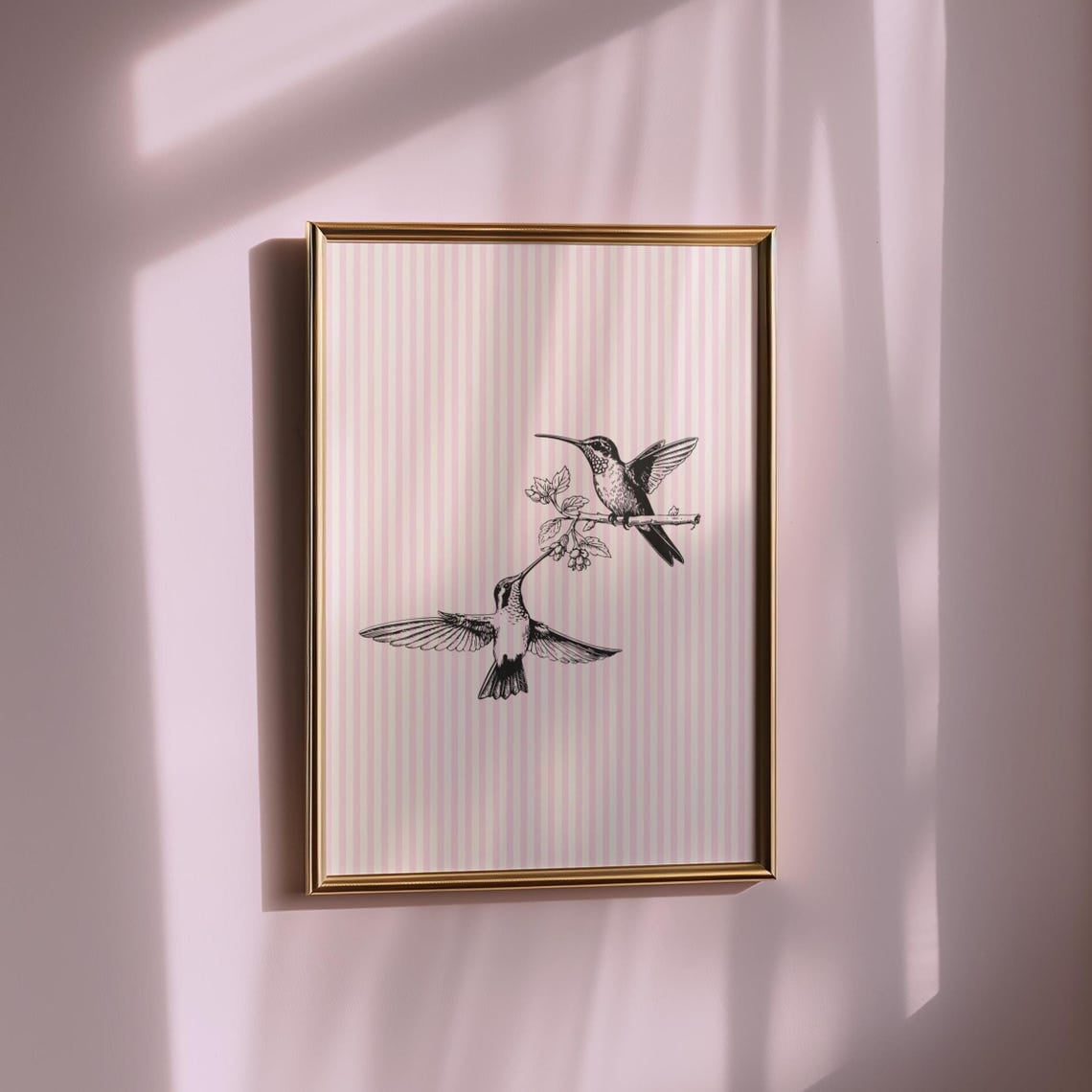 Vintage Hummingbird Print Pink Striped Wall Art Of Two Hummingbirds ...