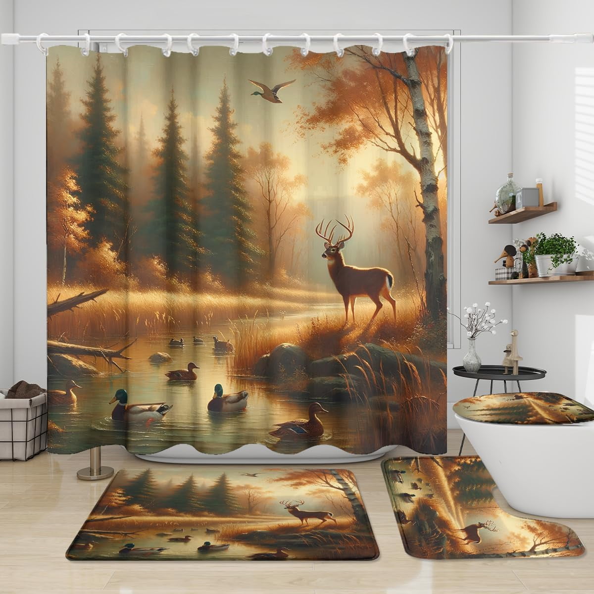 Rustic Cabin Hunting Theme Deer Shower Curtain Sets 4 Piece,Vintage ...