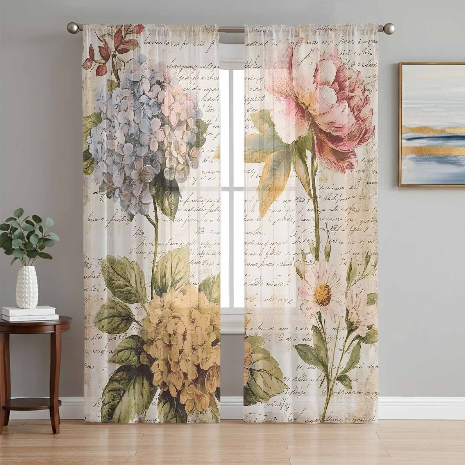Vintage Hydrangea Floral Semi Sheer Curtains 84 Inch Length 2 Panels ...