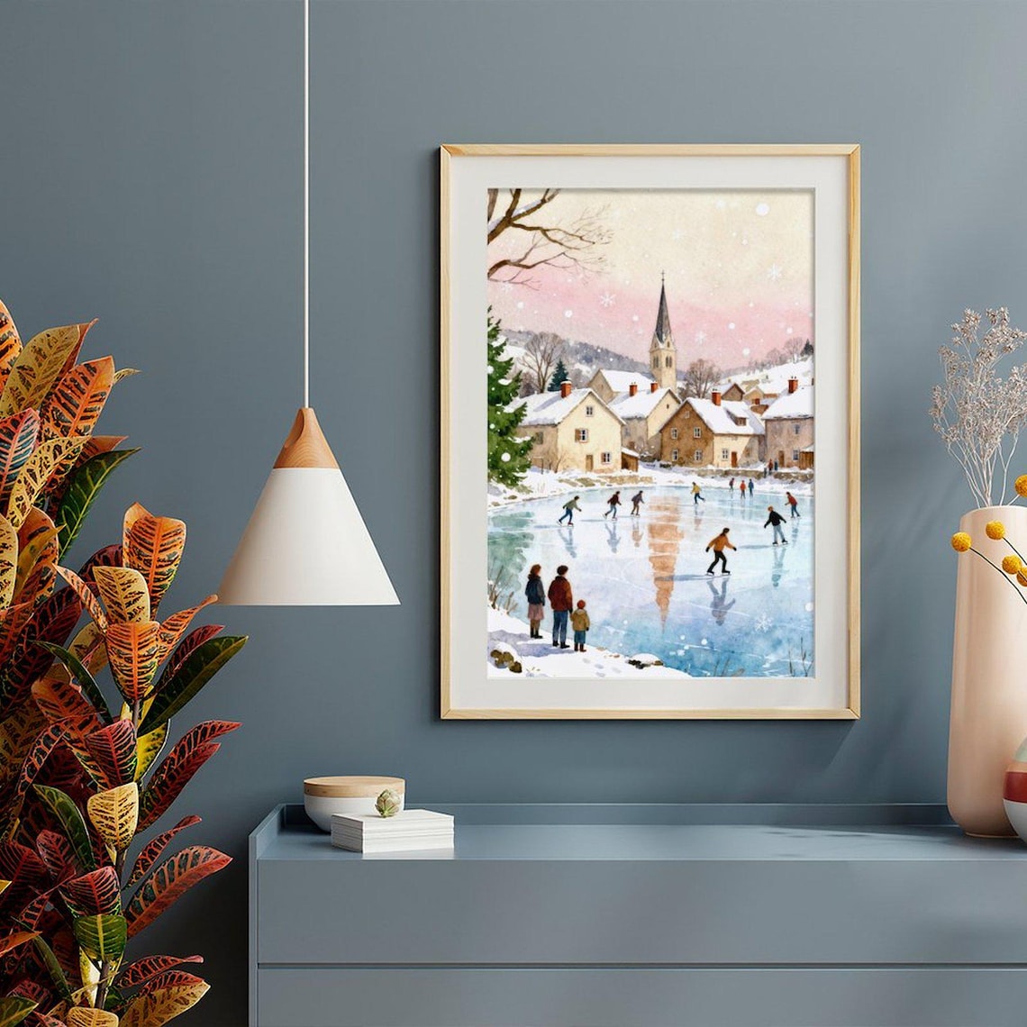 Vintage Ice Skating Print, Winter Village Scene, UNFRAMED Poster, Wall ...