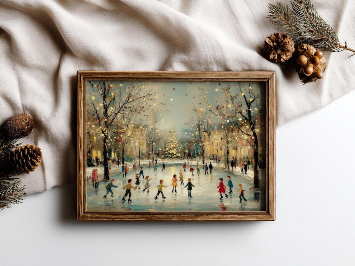 Vintage Ice Skating Rink Town Wall Art, Unframed Paper Print Size 8x12 ...