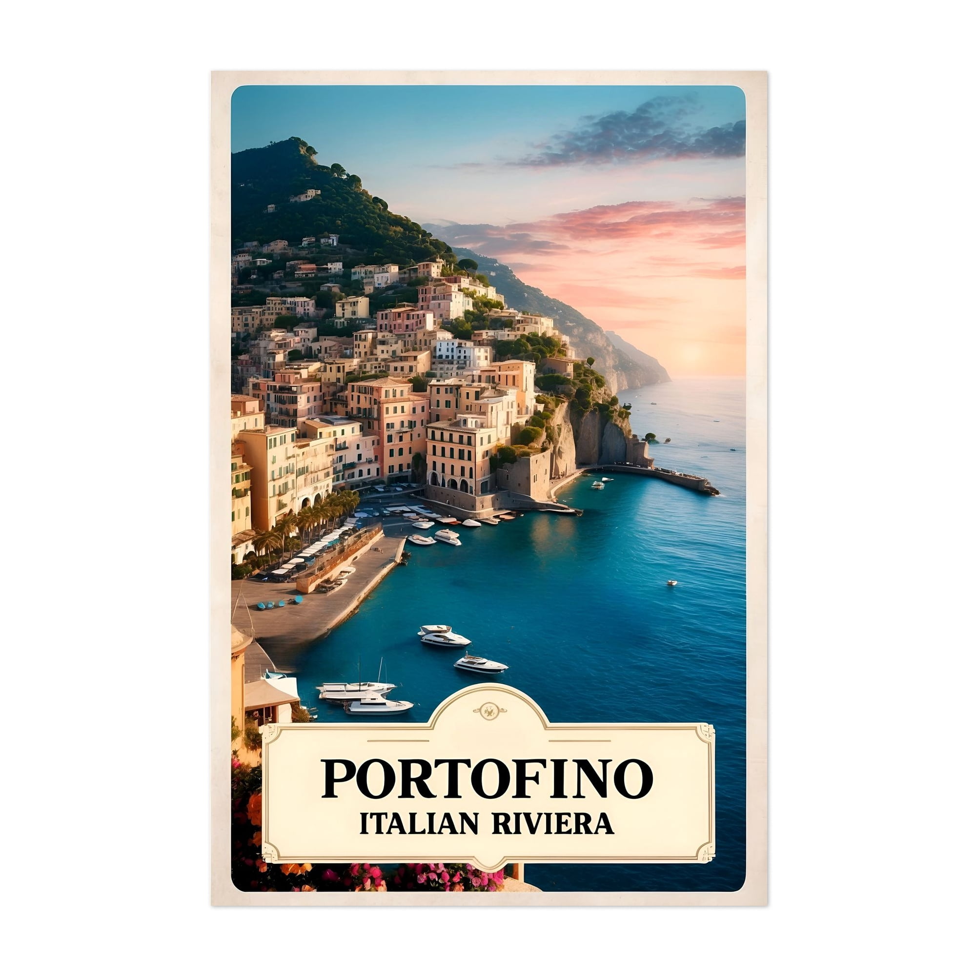 Vintage Illustration: Sunset Over Portofino - Portofino Liguria Italy ...