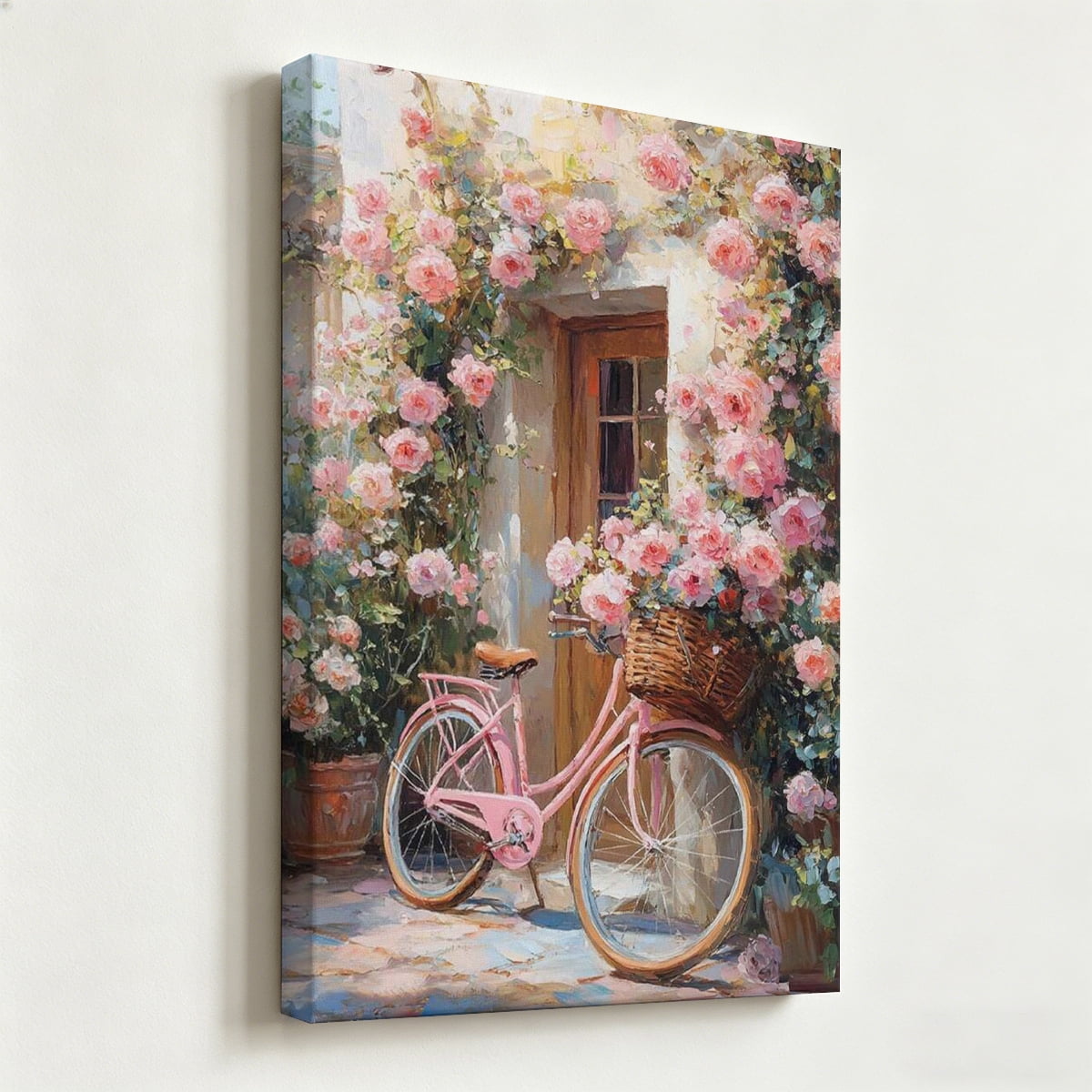 Vintage Impressionist Pink Bicycle and Roses Canvas Wall Art - Romantic ...
