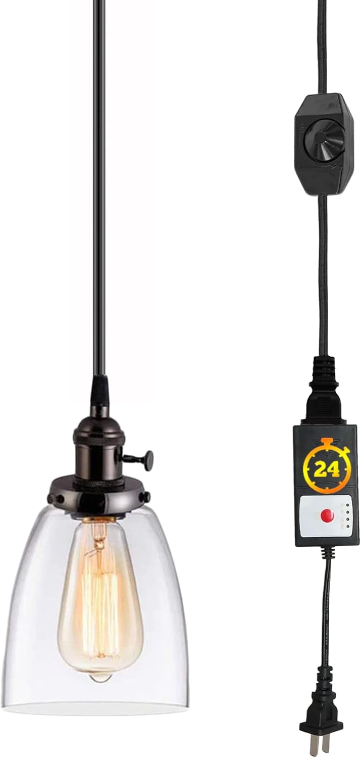 Vintage Industrial Glass Shade Hanging Light with Plug in 15Ft Dimmer ...