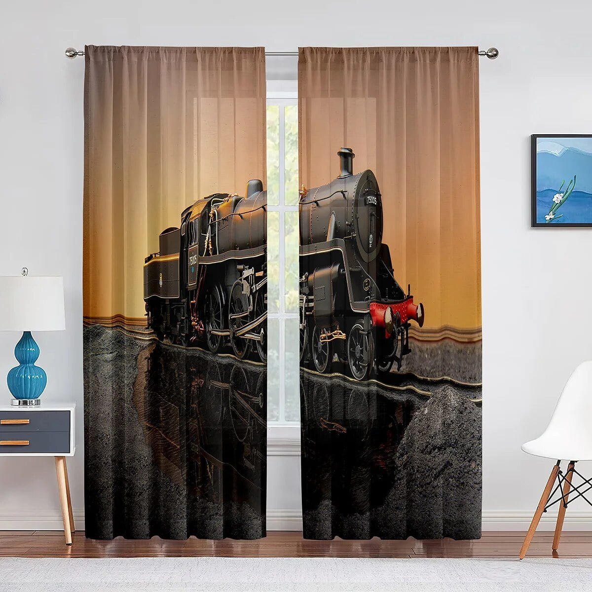 Vintage Industrial Steam Engine Railway Tulle Curtains for Living Room ...