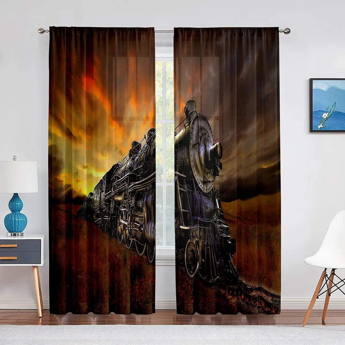 Vintage Industrial Steam Engine Railway Tulle Curtains for Living Room ...