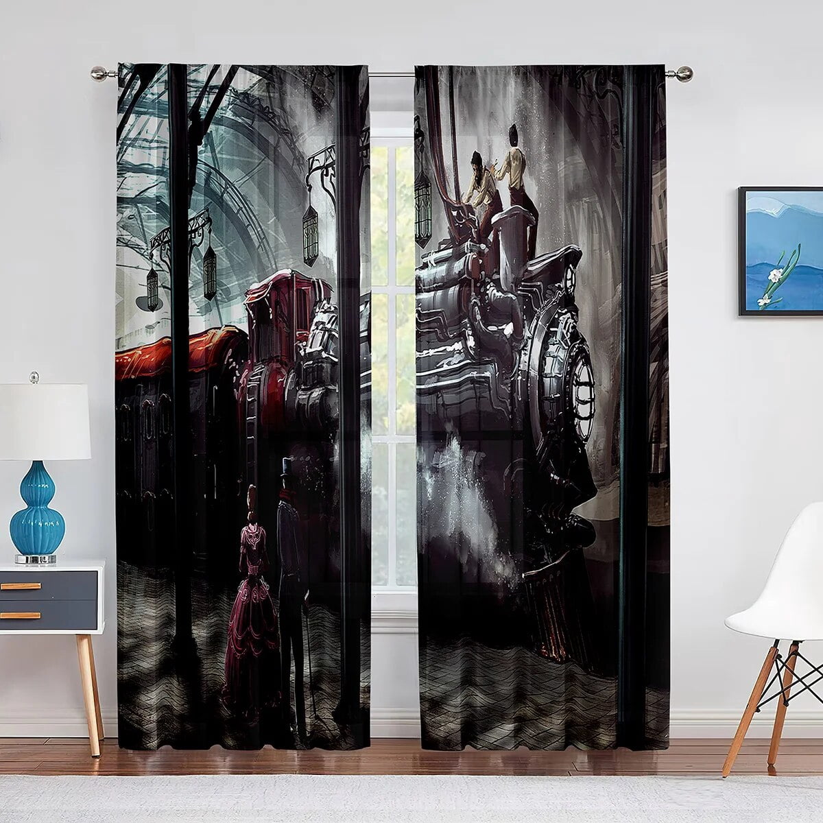 Vintage Industrial Steam Engine Railway Tulle Curtains for Living Room ...