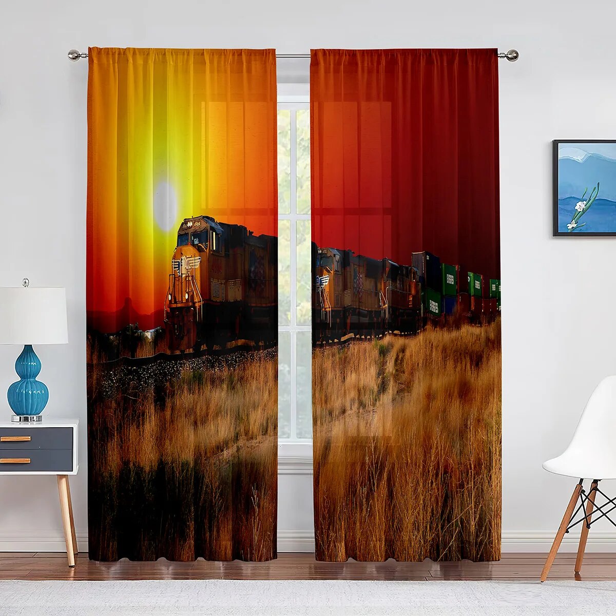 Vintage Industrial Steam Engine Railway Tulle Curtains for Living Room ...
