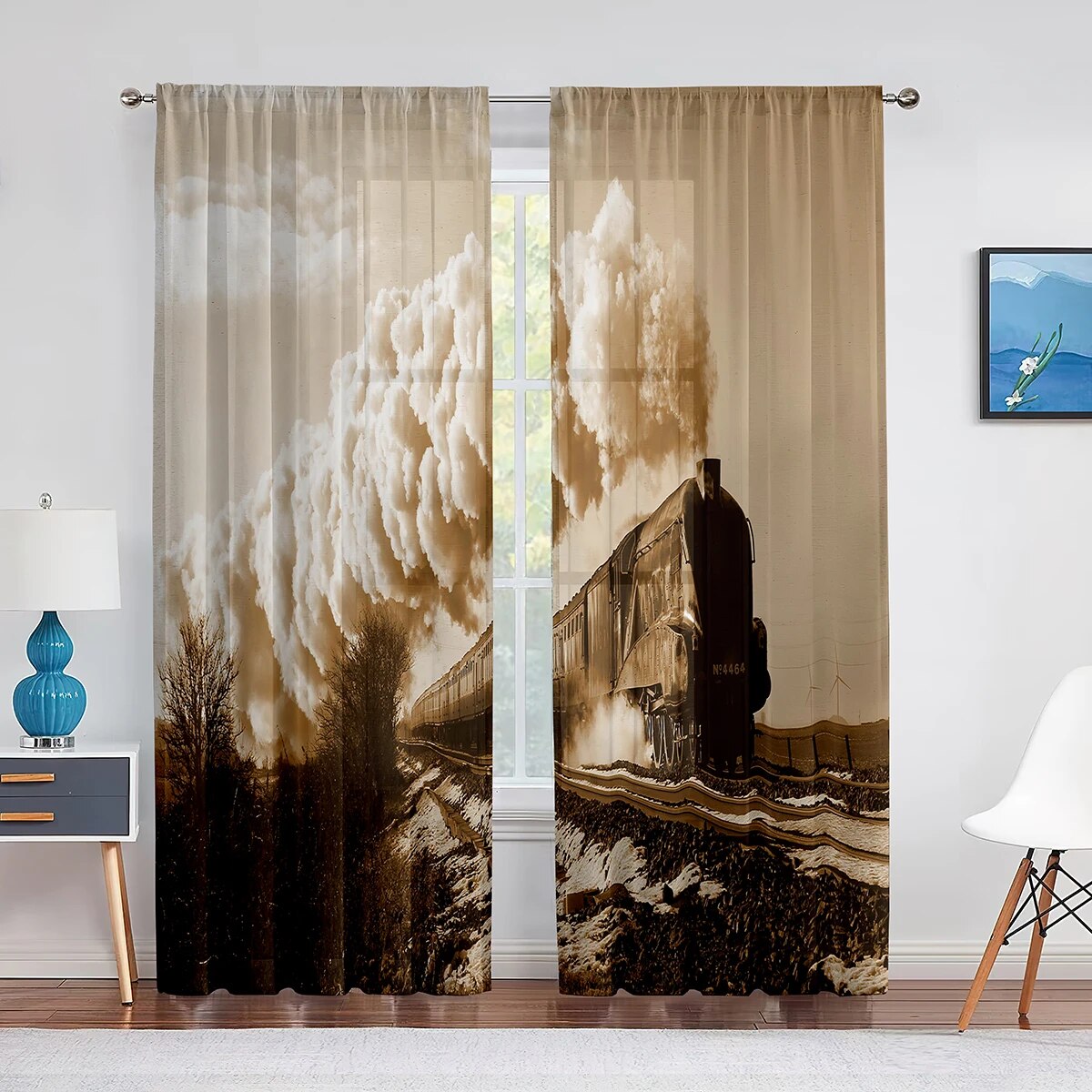 Vintage Industrial Steam Engine Railway Tulle Curtains for Living Room ...