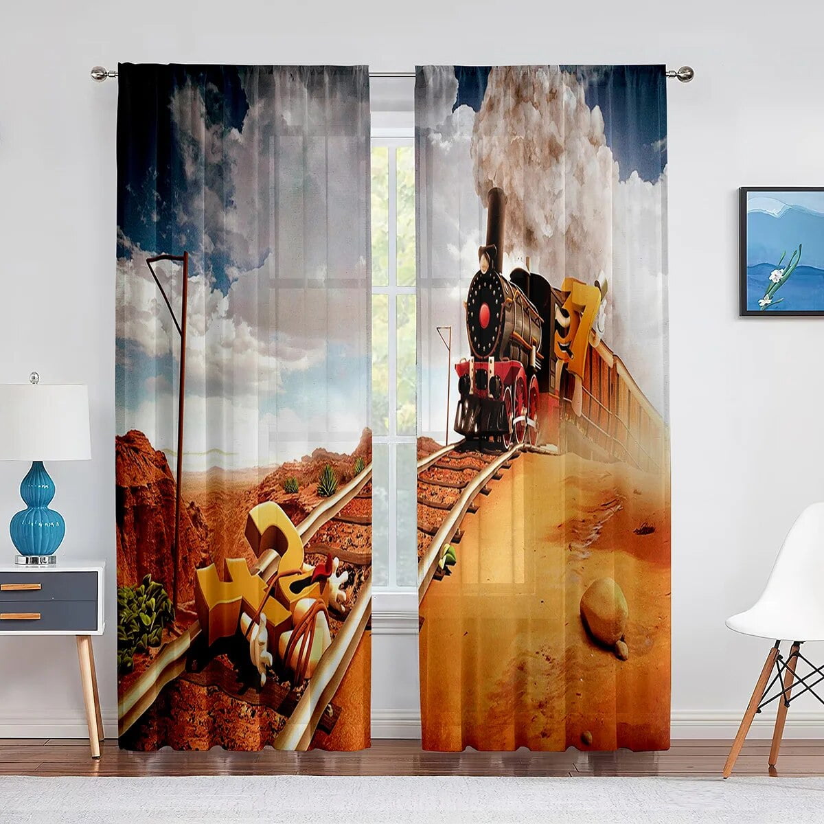 Vintage Industrial Steam Engine Railway Tulle Curtains for Living Room ...