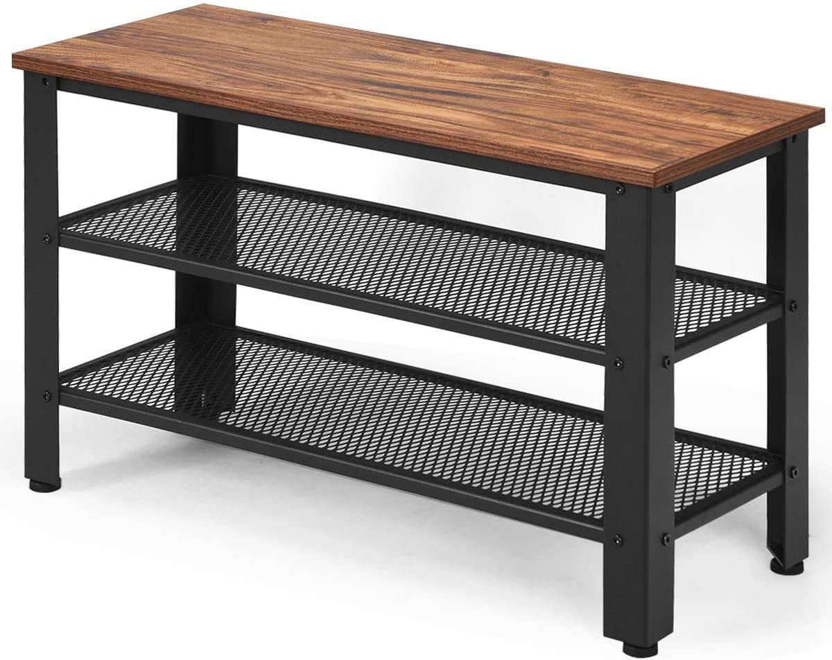Vintage Industrial Style Shoe Storage Bench Rack with 2 Mesh Shelves, Rustic Brown - Walmart.com