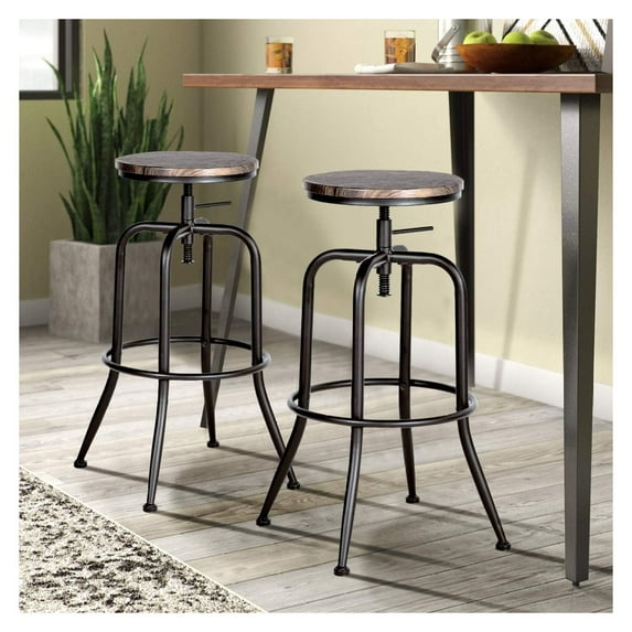 LouZub Vintage Industrial Swivel Bar Stools - Set of 2, Adjustable Height and Round Wood Seat ...