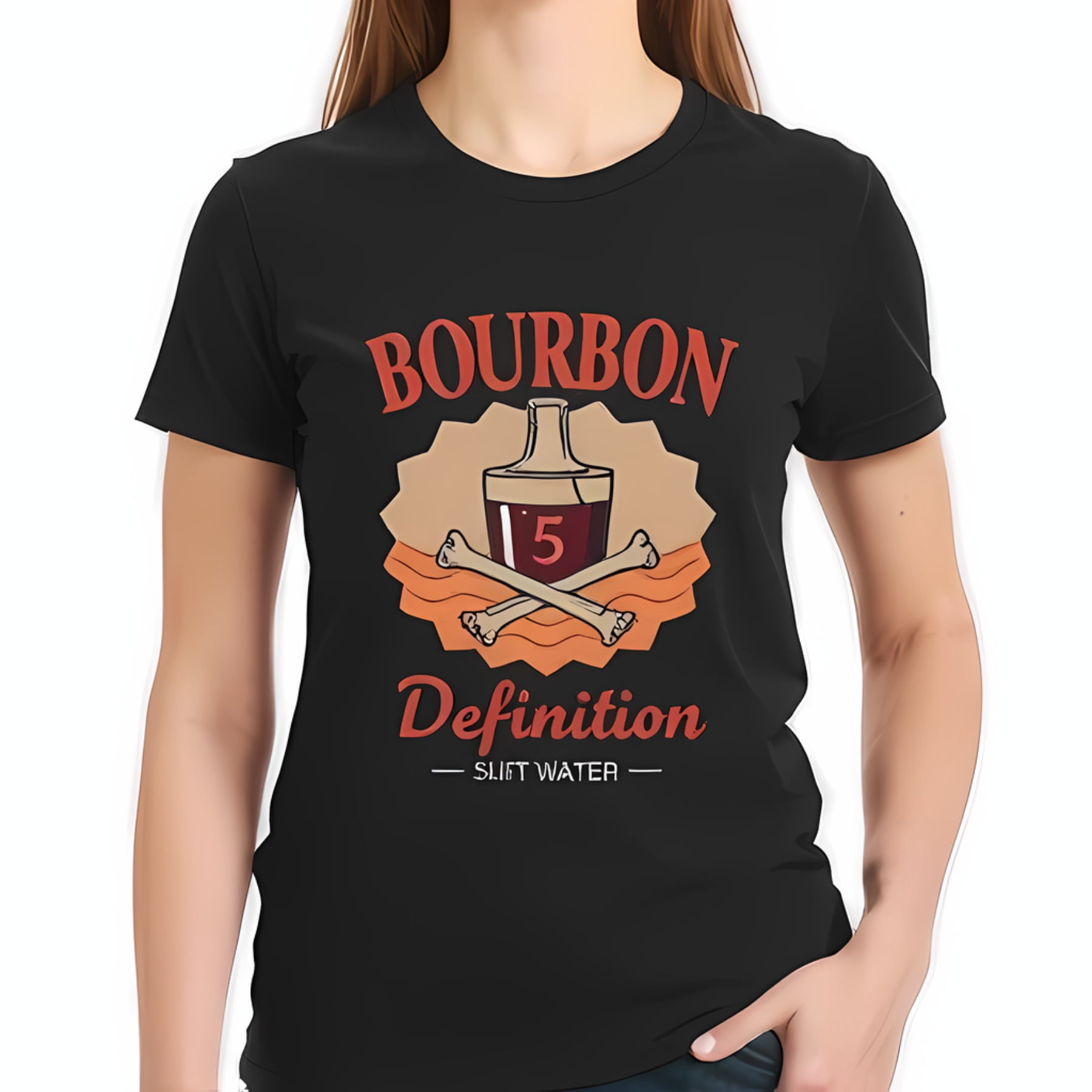 Vintage Inspired Black Cotton Short Sleeve T-Shirt with Humorous Bourbon Bottle Graphic ...