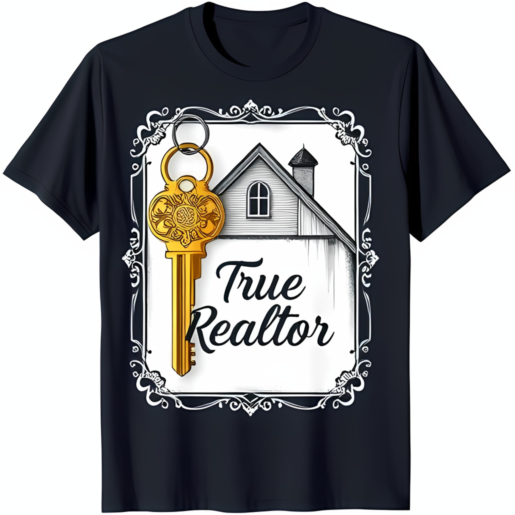 Vintage Inspired Black T-Shirt with Graphic & Golden Key Design for ...