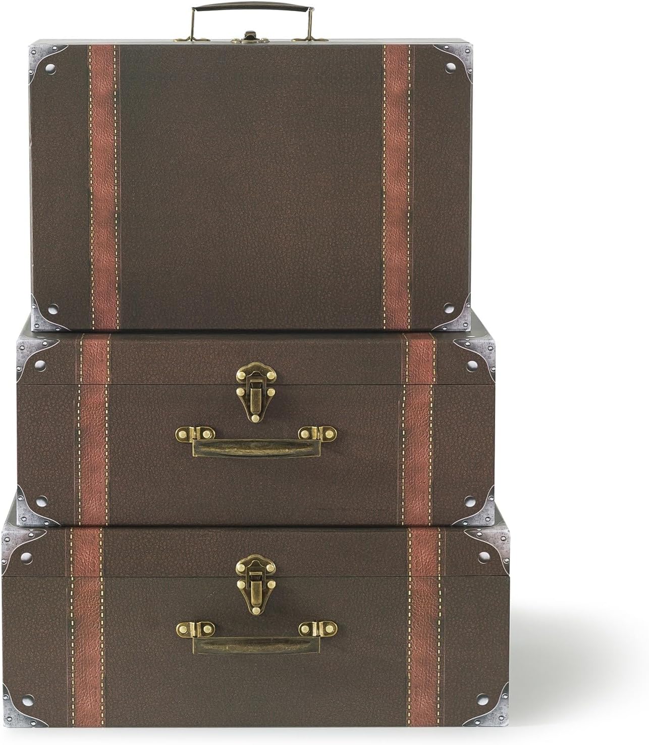 Vintage-Inspired Cardboard Suitcase Boxes Set of 3 with Handle - Brown ...