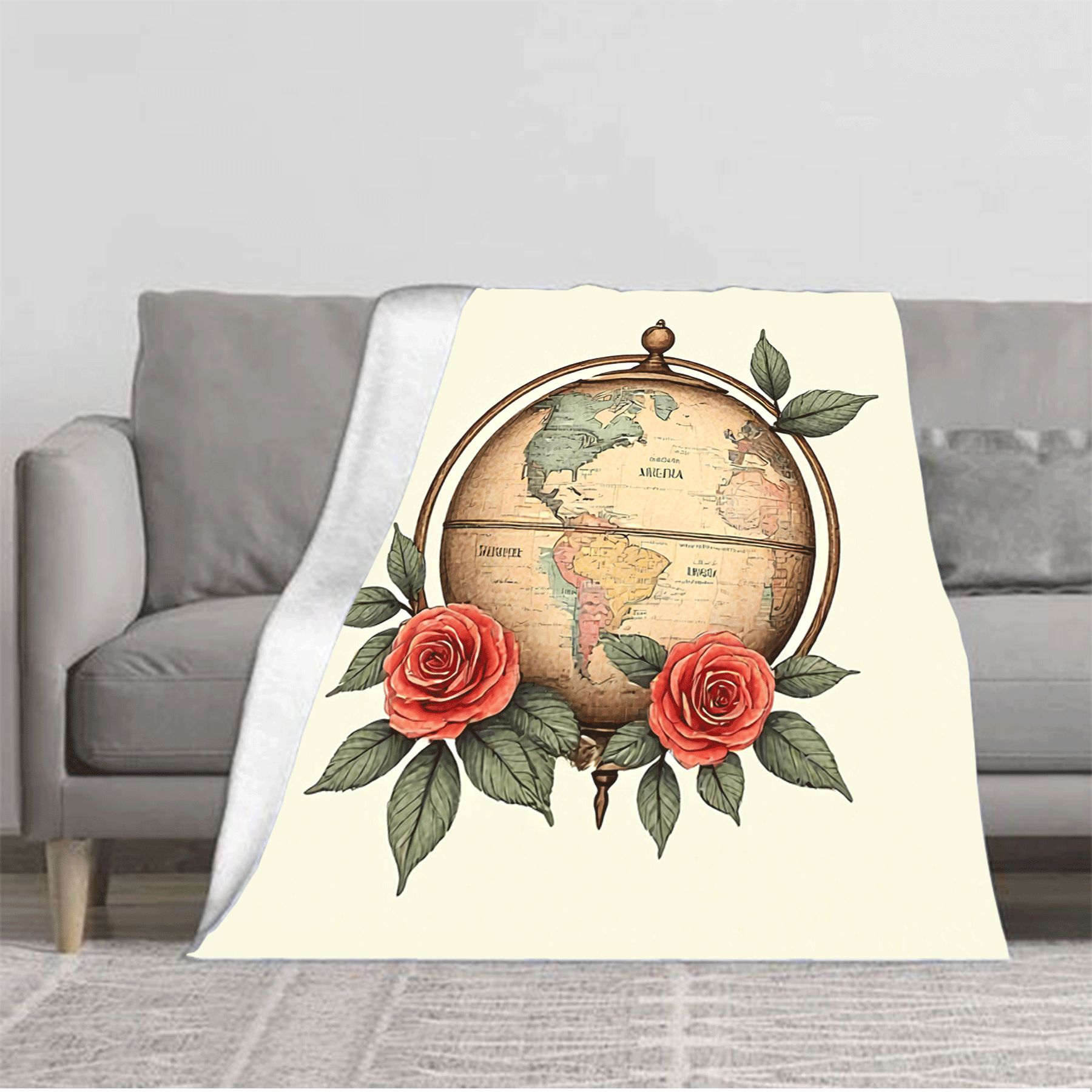 Vintage-Inspired Flannel Blanket with Botanical Globe Design Soft ...