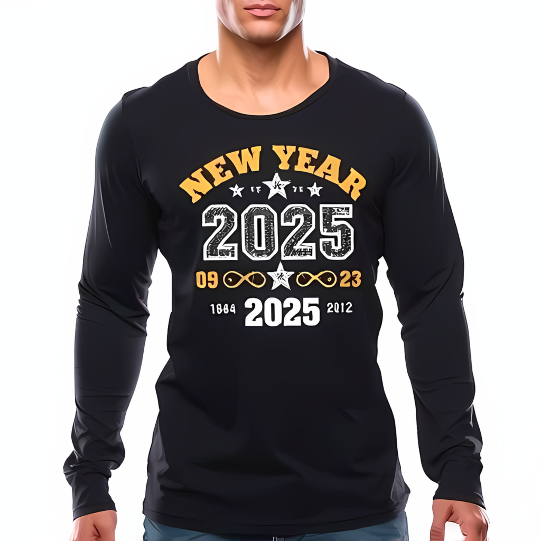 Vintage-Inspired Long Sleeve T-Shirt with Bold 'NEW YEAR 2025' Graphic ...