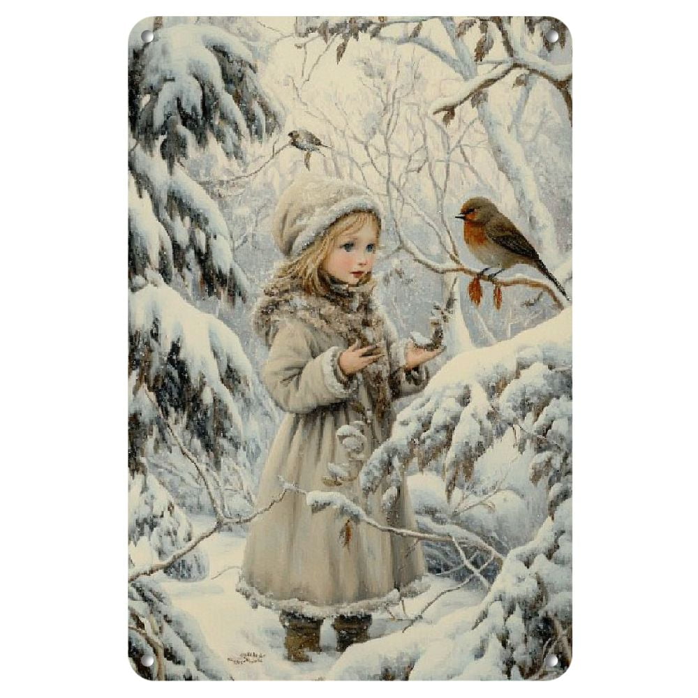 Vintage-Inspired Metal Wall Art - Girl & Birds in Snow Scene, Rust-Proof Iron Plaque with Easy ...