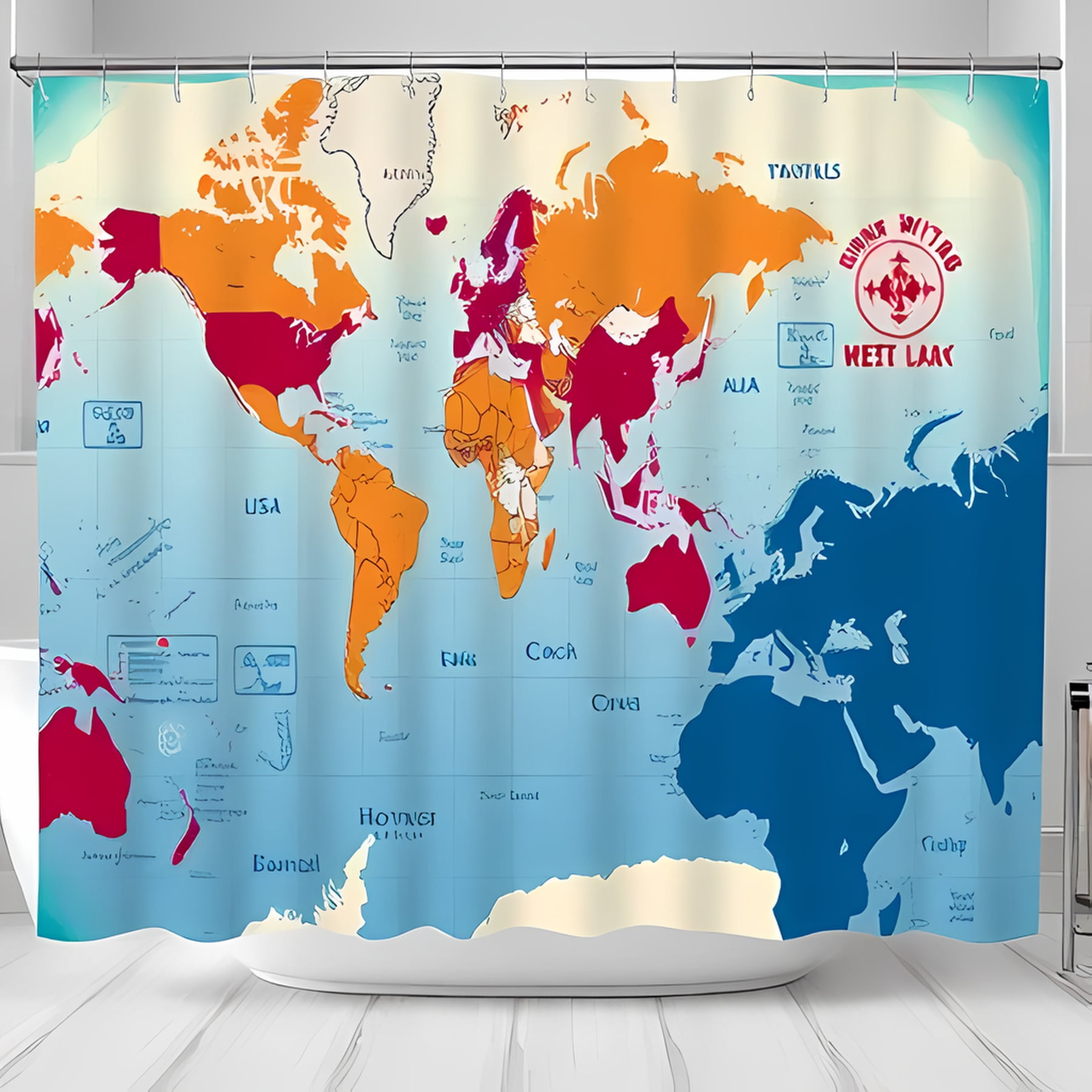 Vintage-Inspired World Map Shower Curtain - Color-Blocked Design with ...