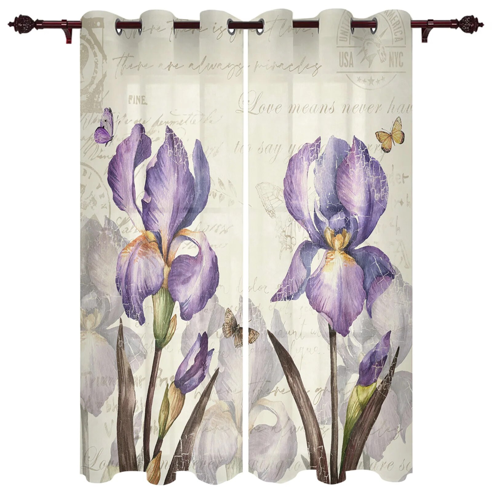 Vintage Iris Butterfly Rustic Modern Window Curtains for Living Room ...