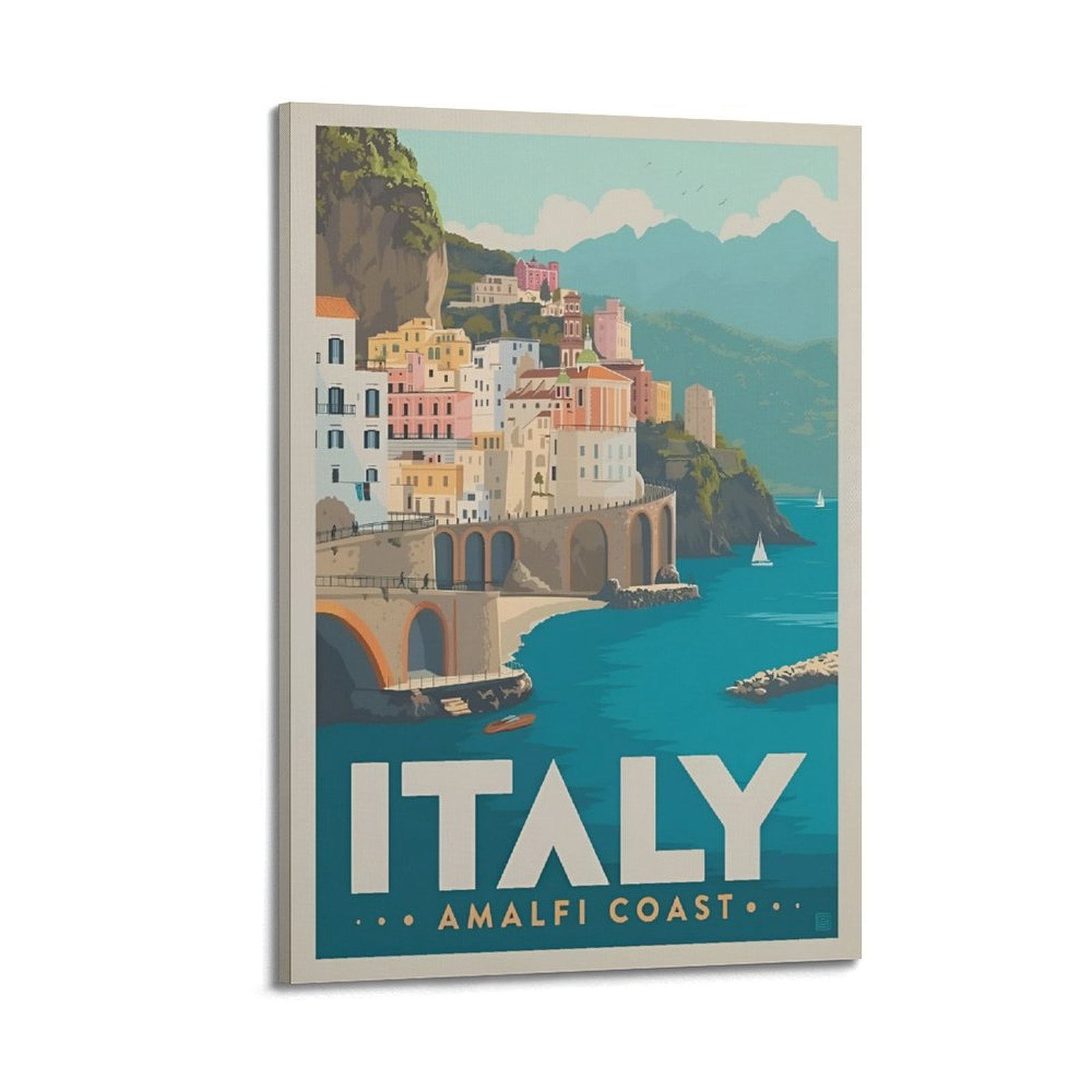 Vintage Italy Travel Poster, Amalfi Coast Poster Mediterranean Coastal Scene Wall Art Print ...