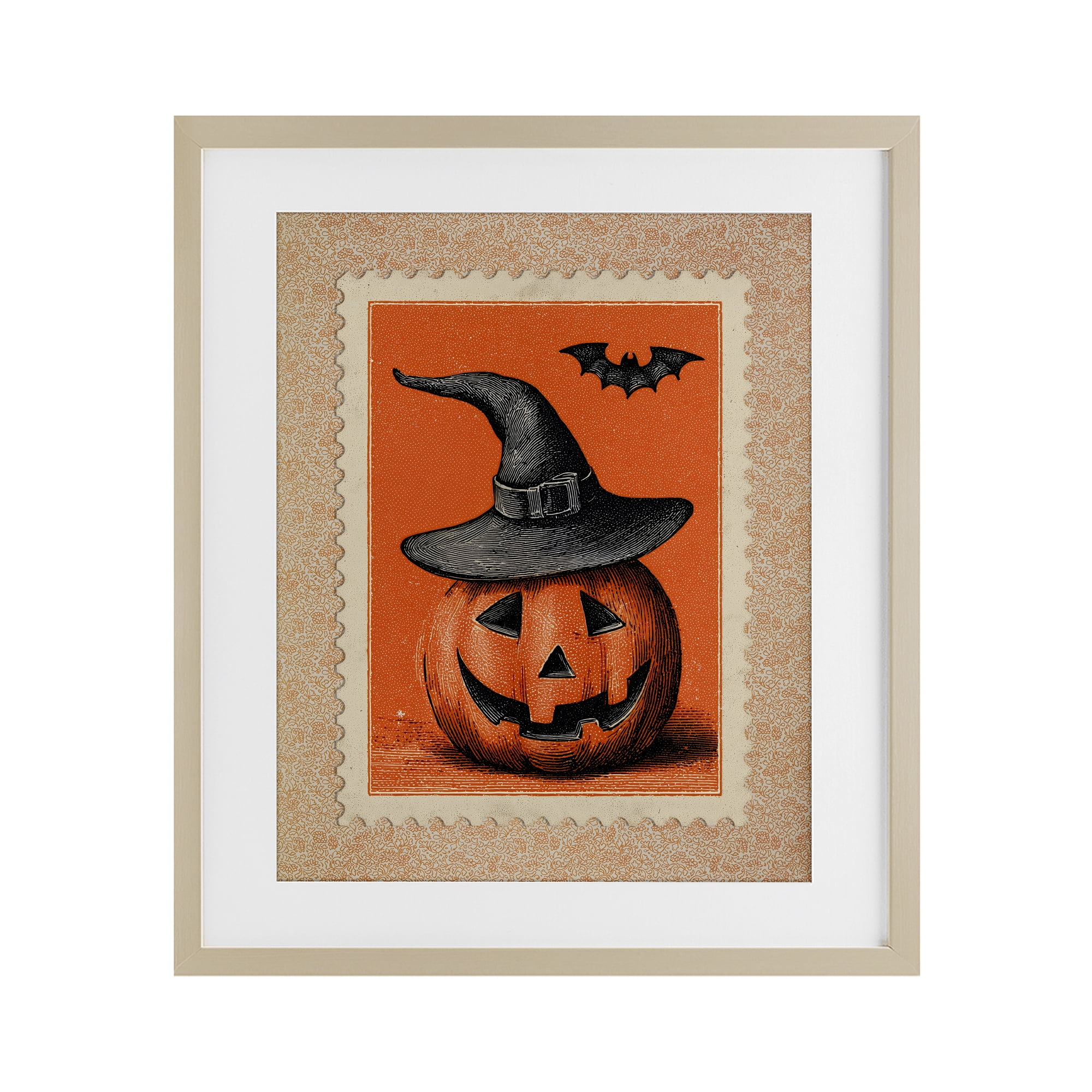 Vintage Jack-o-Lantern Stamp Birch Framed Print Under Glass, design by ...