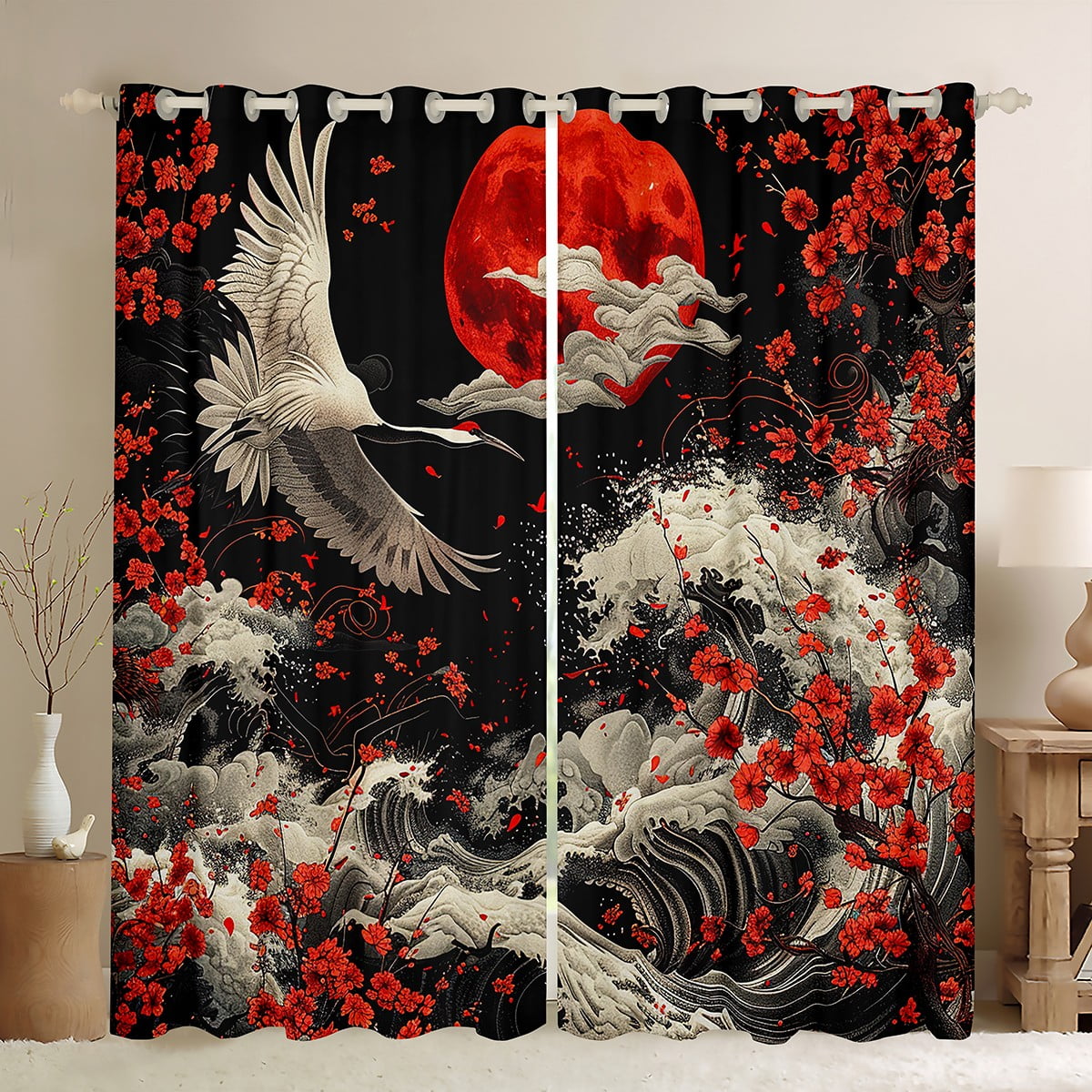Vintage Japanese Art Curtains Retro Ukiyoe 30%-50% Blackout Curtains,Chic Cherry Blossom Flower ...