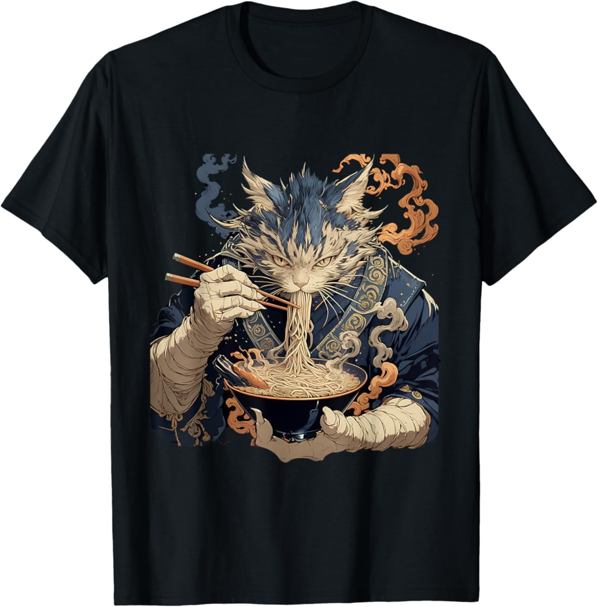 Vintage Japanese Art Ramen Cat Ninja Ukiyo-e Anime Style Samurai Cat T ...