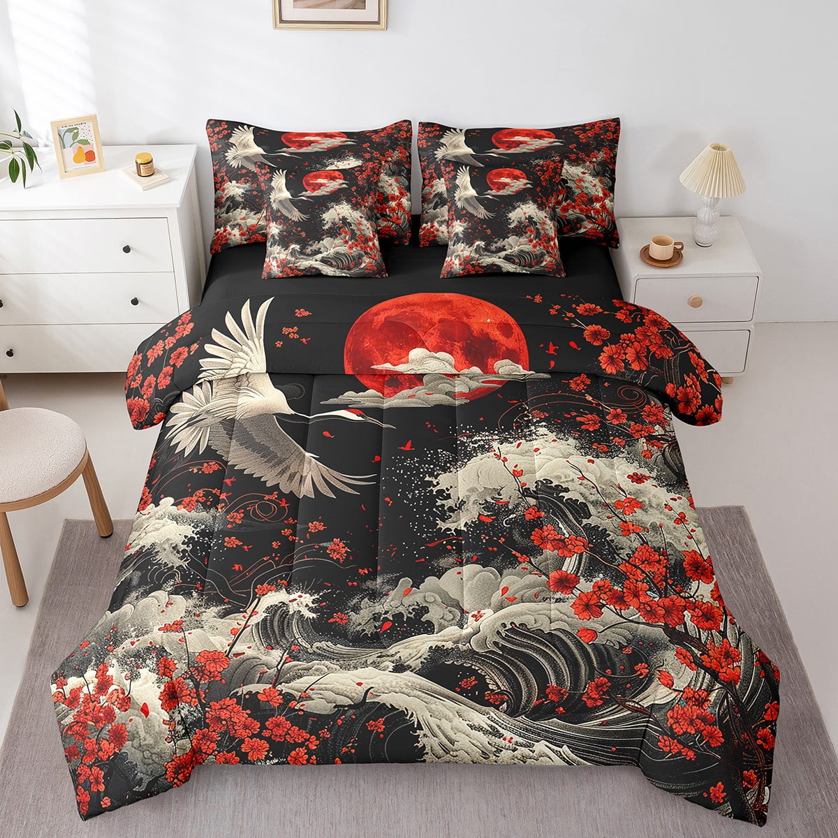 Vintage Japanese Art Twin Comforter Set 7 Pieces Retro Ukiyoe Bedding ...