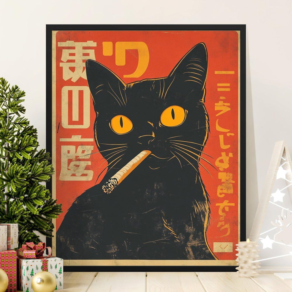 Vintage Japanese Cat With Cigarette Poster, Retro Cat Art Print, Unique ...