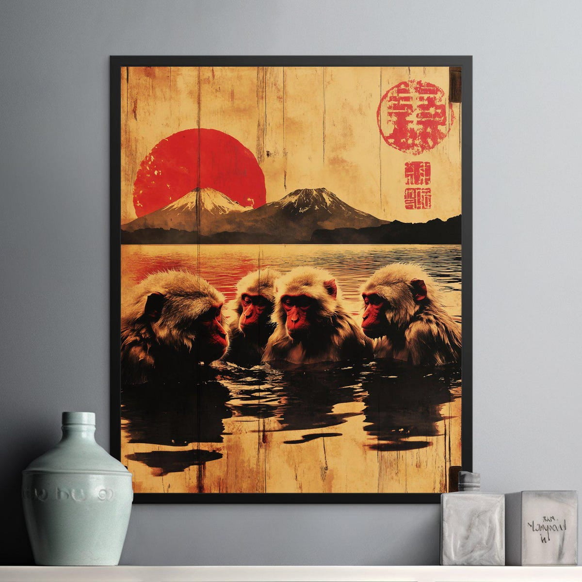 Vintage Japanese Macaque Poster, Snow Monkeys Bathing in Hot Spring ...