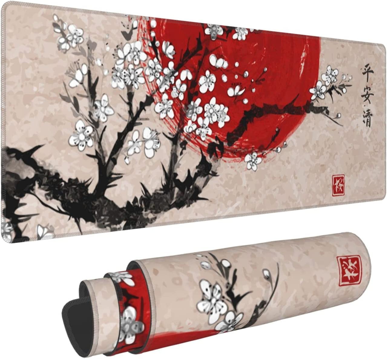 Vintage Japanese Painting Red Sun Cherry Blossom Gaming Mouse Pad, Long ...