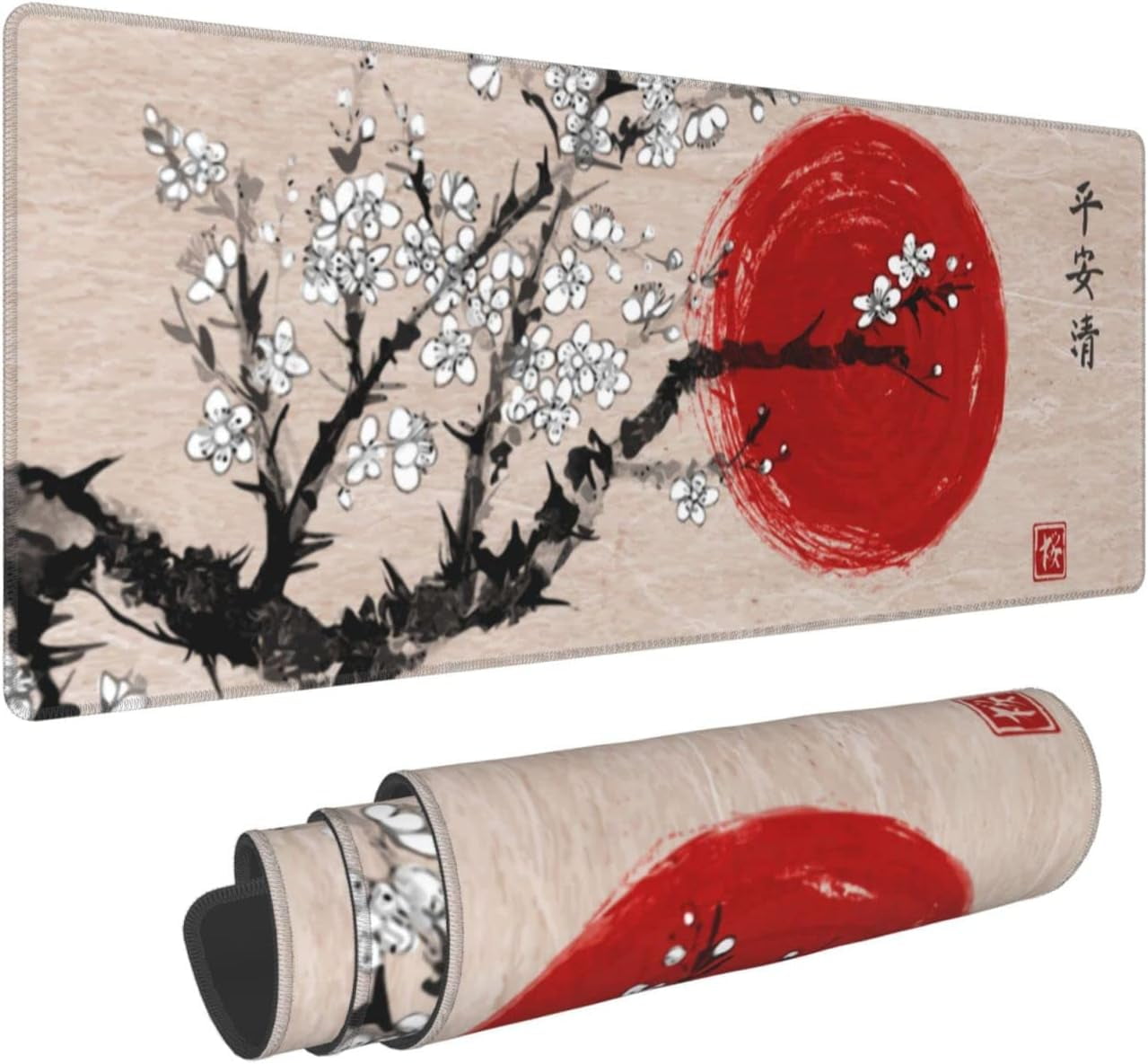 Vintage Japanese Painting Red Sun Cherry Blossom Mouse Pad Extended ...