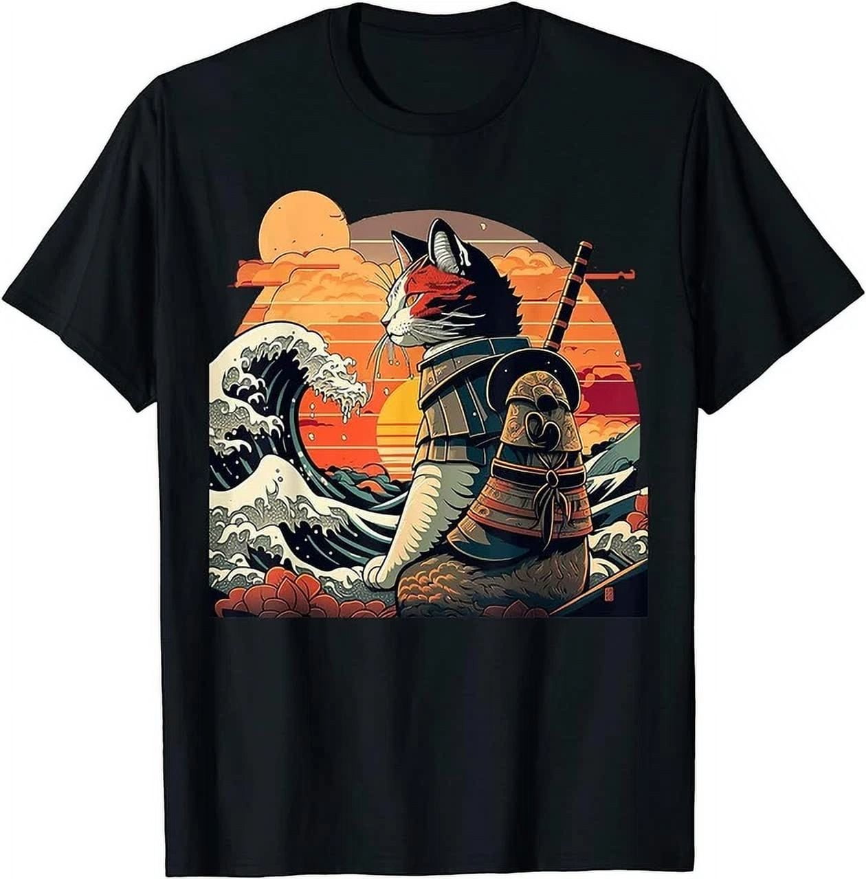 Vintage Japanese Retro Samurai Cat The Great Wave By Hokusai Tshirt ...