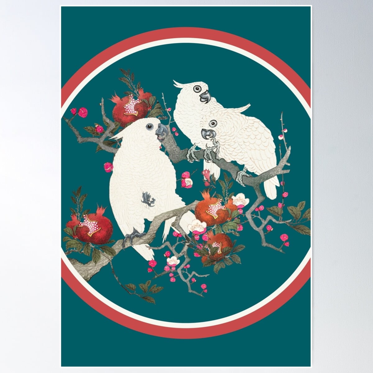 Vintage Japanese Three White Cockatiels, Cherry Blossoms And ...