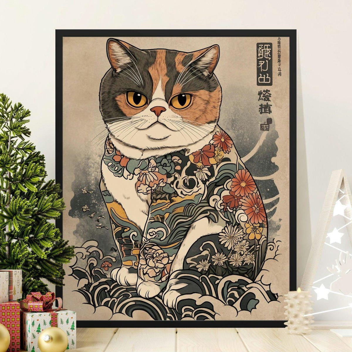 Vintage Japanese Traditional Woodblock Art Cat Print, Cute Calico Cat ...