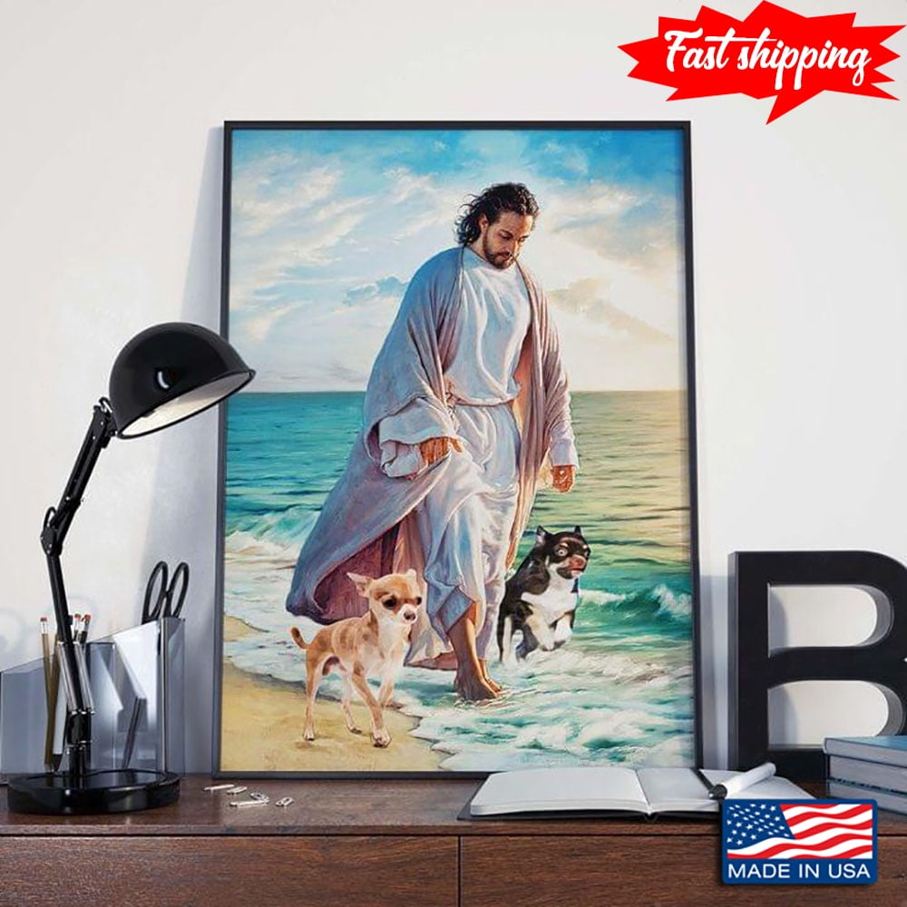 Vintage Jesus Christ And Chihuahua Dogs Walking On Sandy Beach 24 x 36 ...