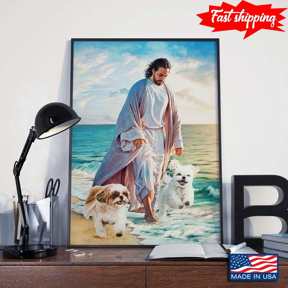 Vintage Jesus Christ And Shih Tzu Dogs Walking On Sandy Beach 11 x 17 ...