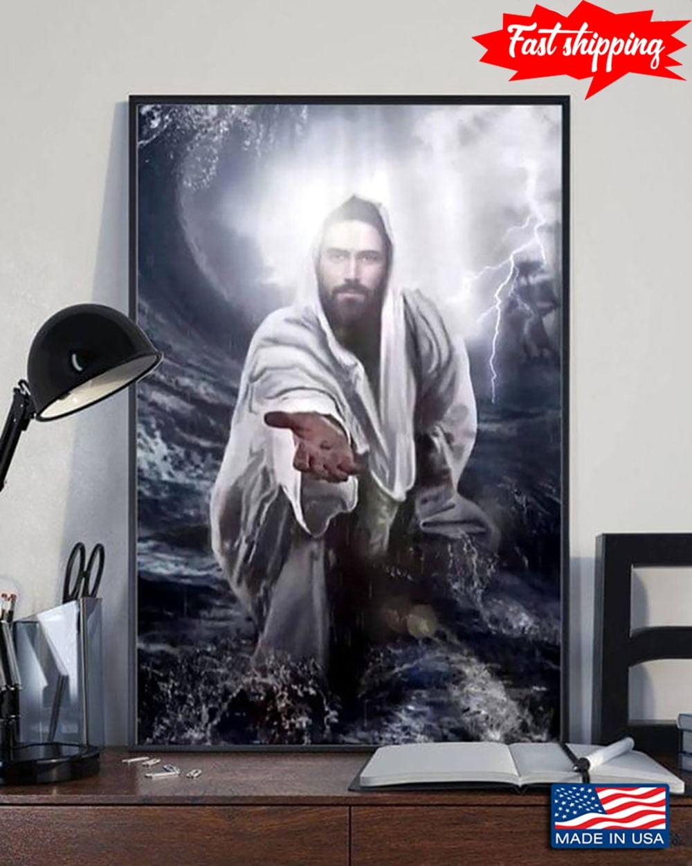 Vintage Jesus Christ Giving His Helping Hand In The Storm 24 x 36 Inch ...