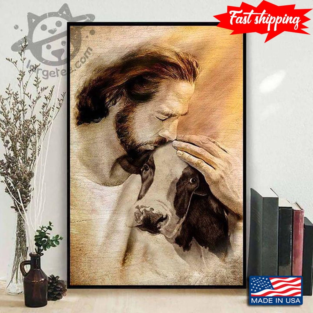 Vintage Jesus Christ Kissing Black & White Cow 16 x 24 Inch Poster ...