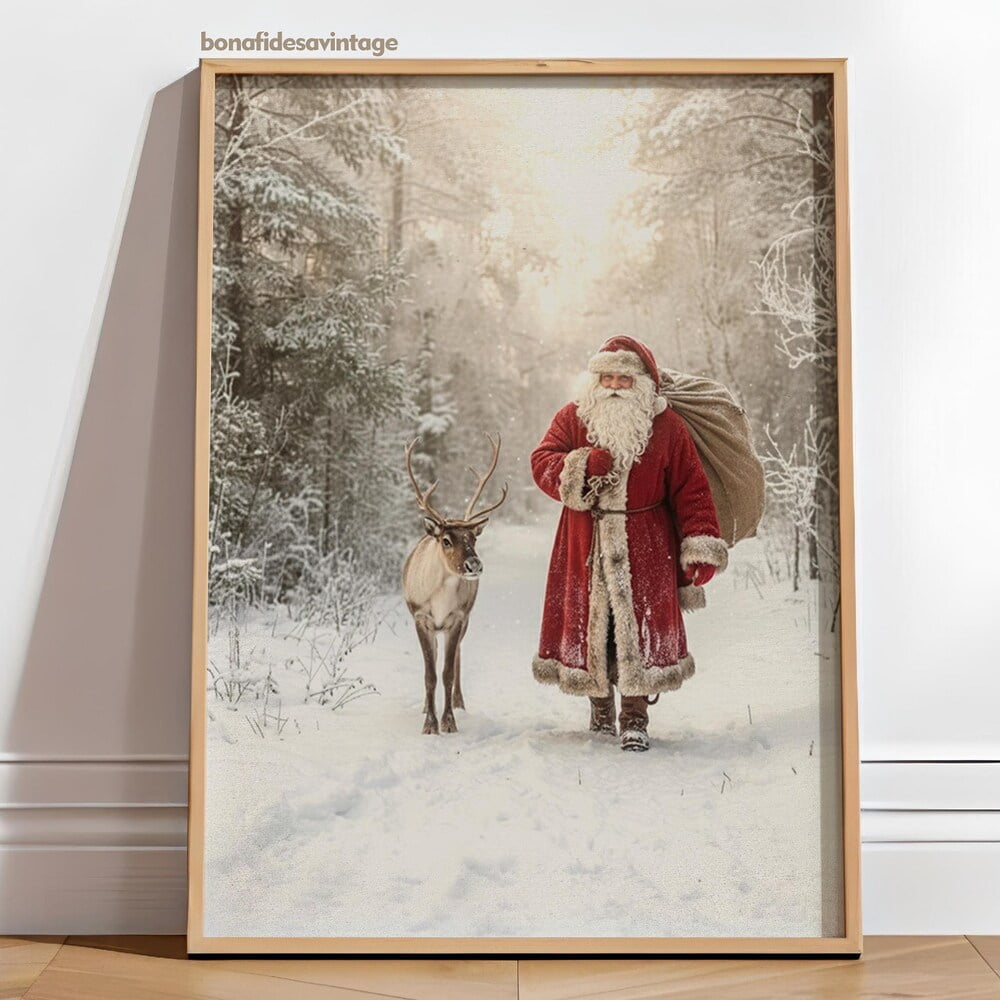 Vintage Jolly Man Print, Rustic Reindeer Wall Art, Noel Painting, Cozy ...