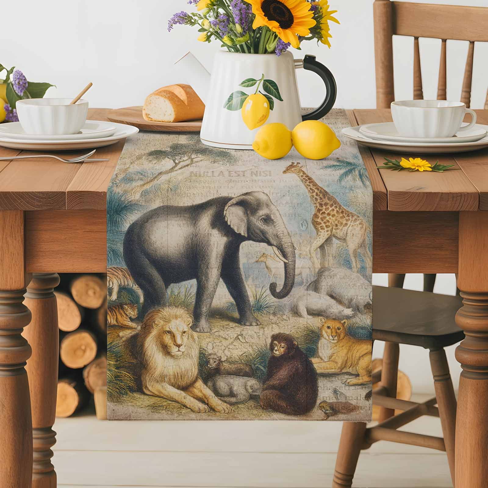 Vintage Jungle Animals Table Runner Dresser Scarf,Kitchen Dining Table ...
