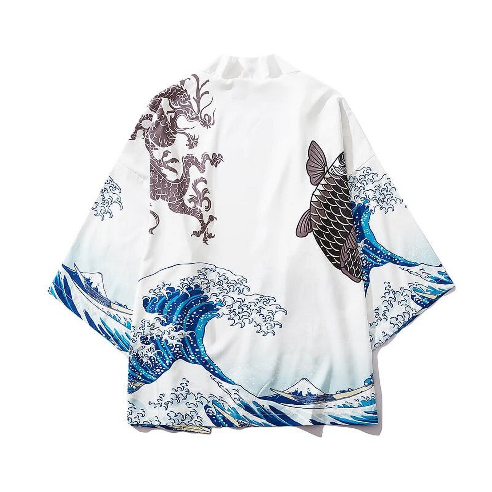 Vintage Kanagawa Wave Carp Print Shirt Traditional Haori Cosplay Kimono ...